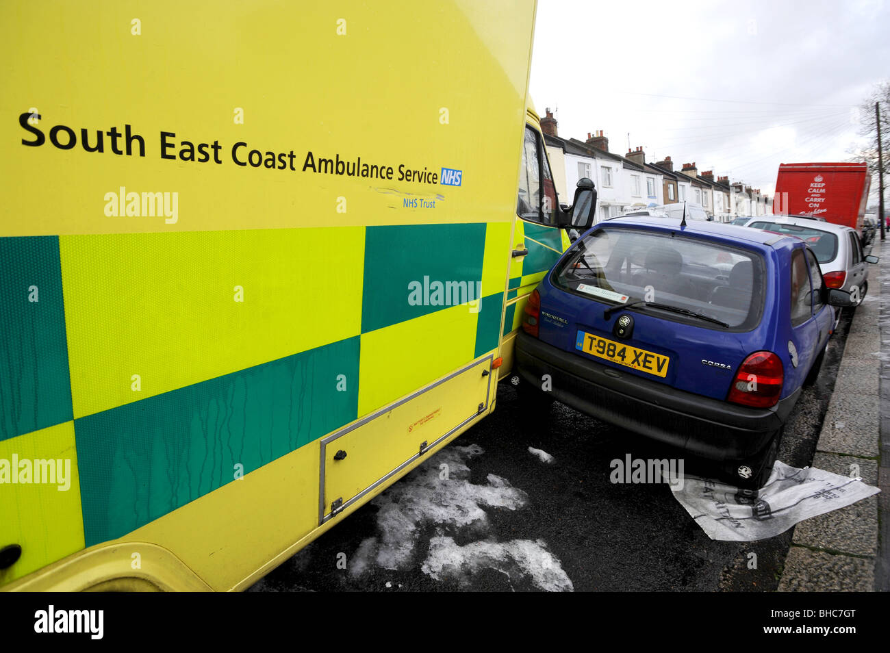 An ambulance crashed into a car after losing control on thick ice ...