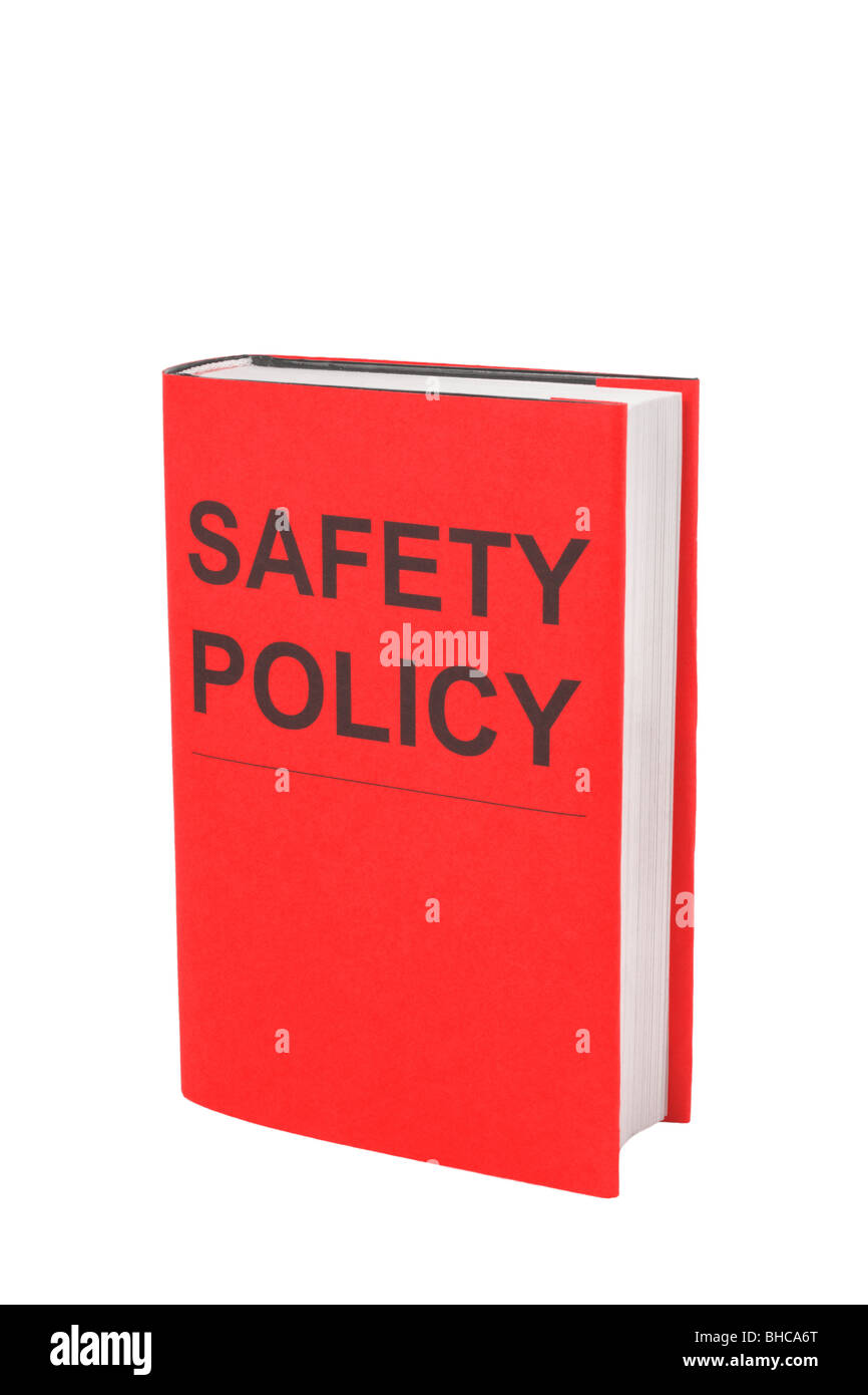 Book with red cover that says Safety Policy. Cut out on white ...