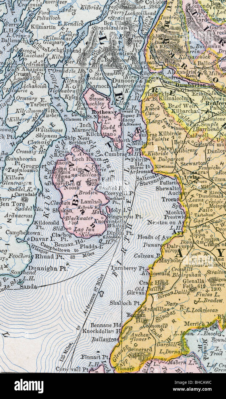 Original old map of Firth of Clyde from 1884 geography textbook Stock ...