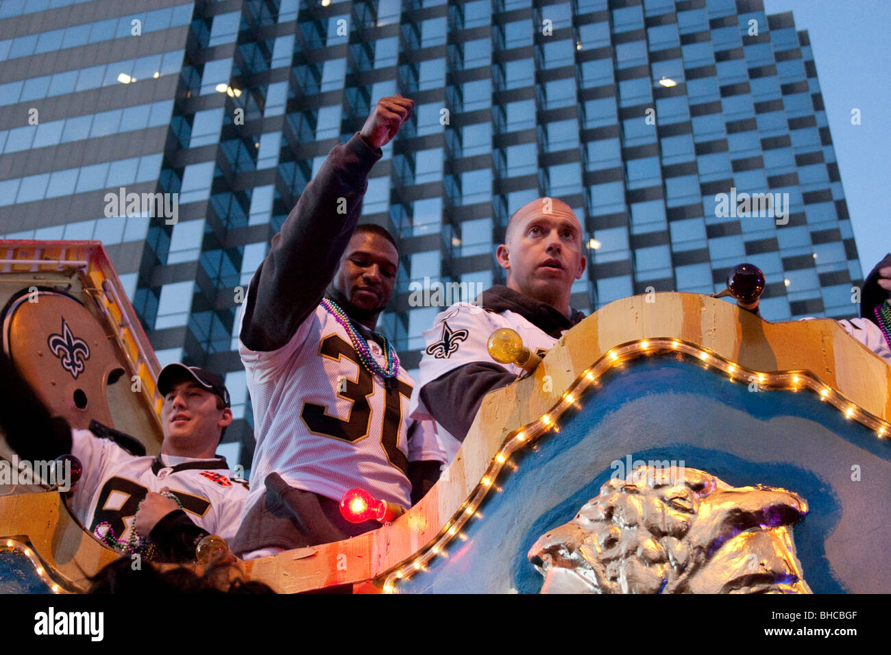New Orleans Saints football players riding a float in the Saints ...