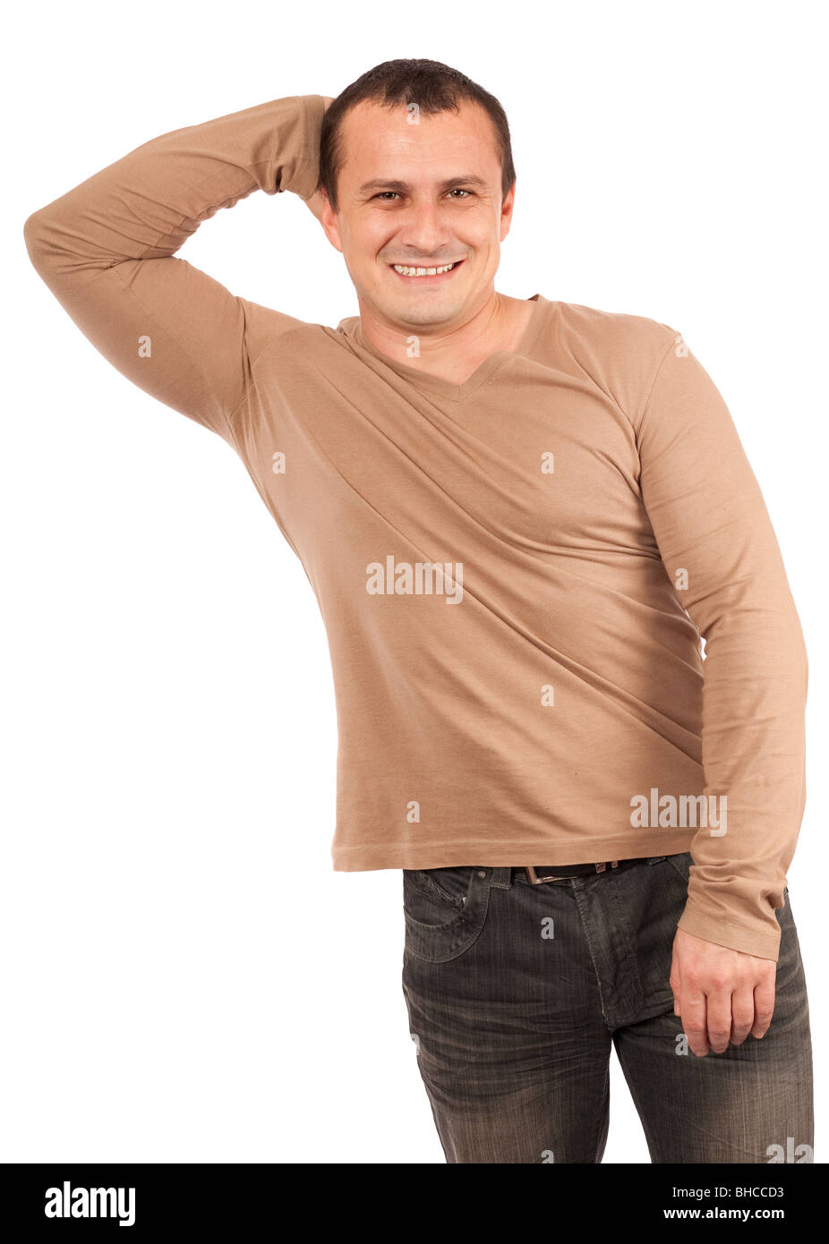 Young man lean against the side of the image Stock Photo - Alamy