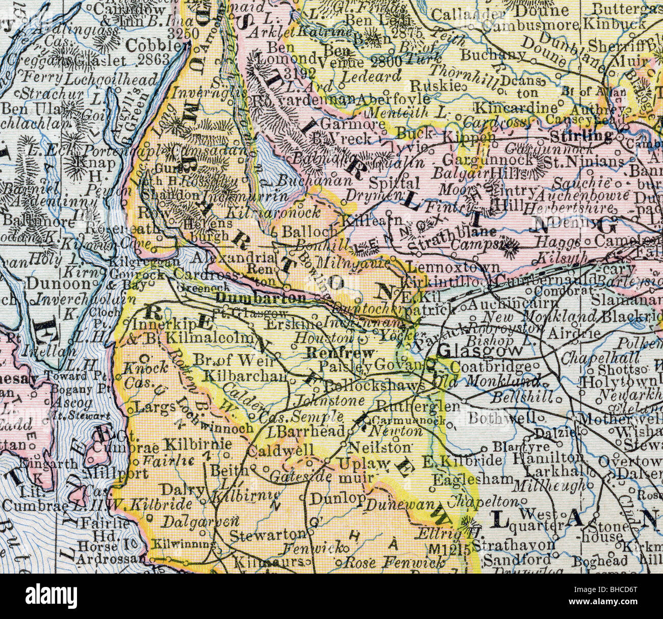 Original old map of Glasgow area from 1884 geography textbook Stock ...