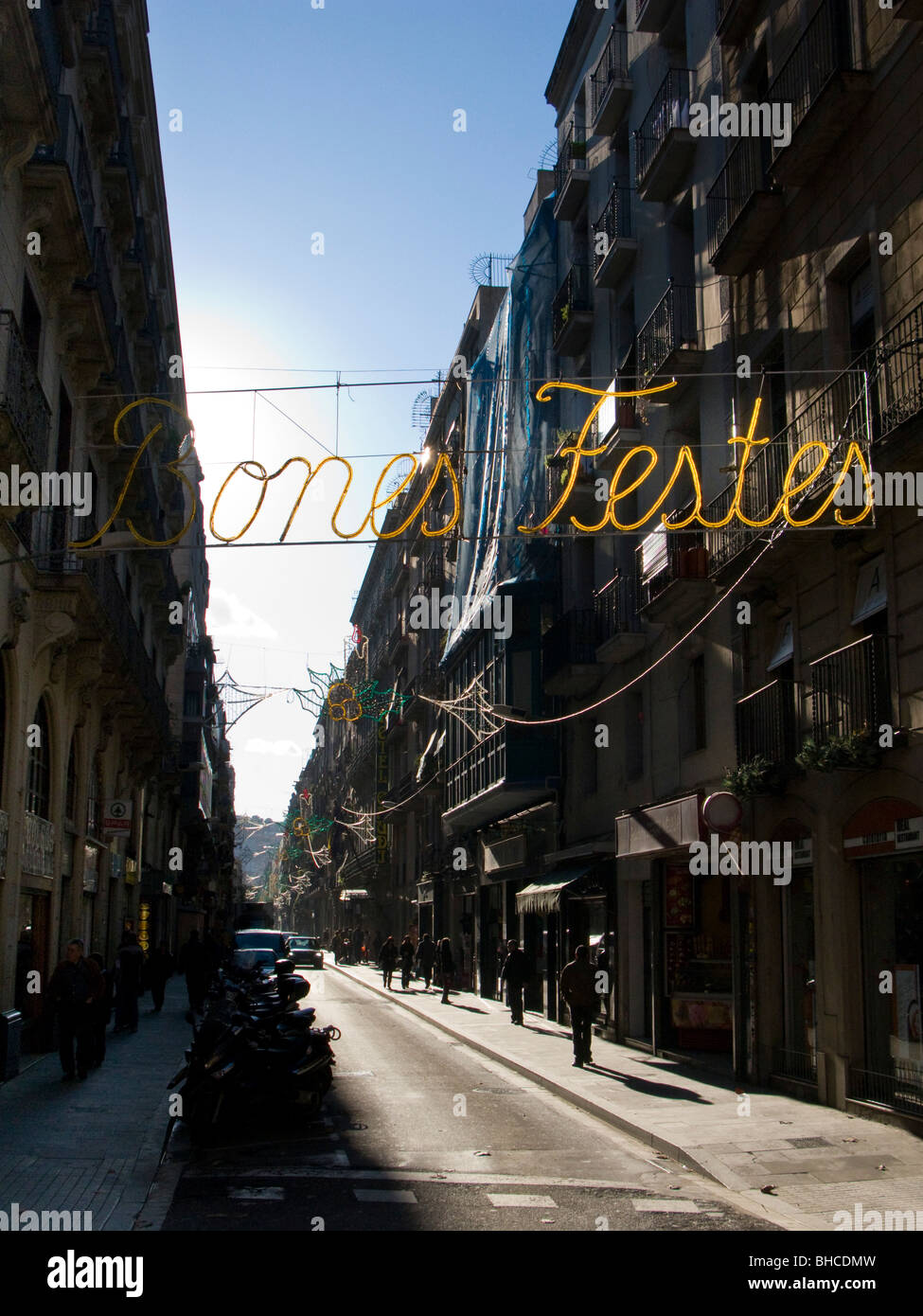 Bones Festes, Barcelona, Spain. Happy Christmas neon sign Stock Photo ...