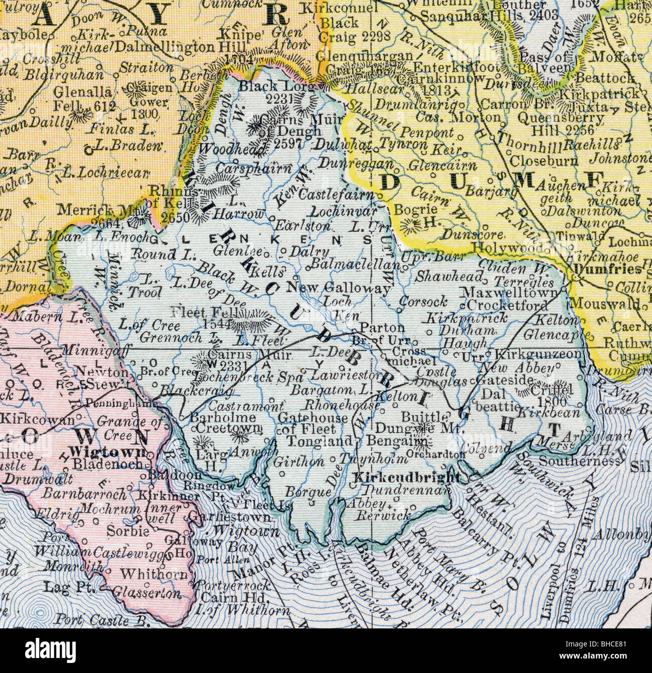 Original old map of Kirkcudbright county (Scotland) from 1884 geography ...