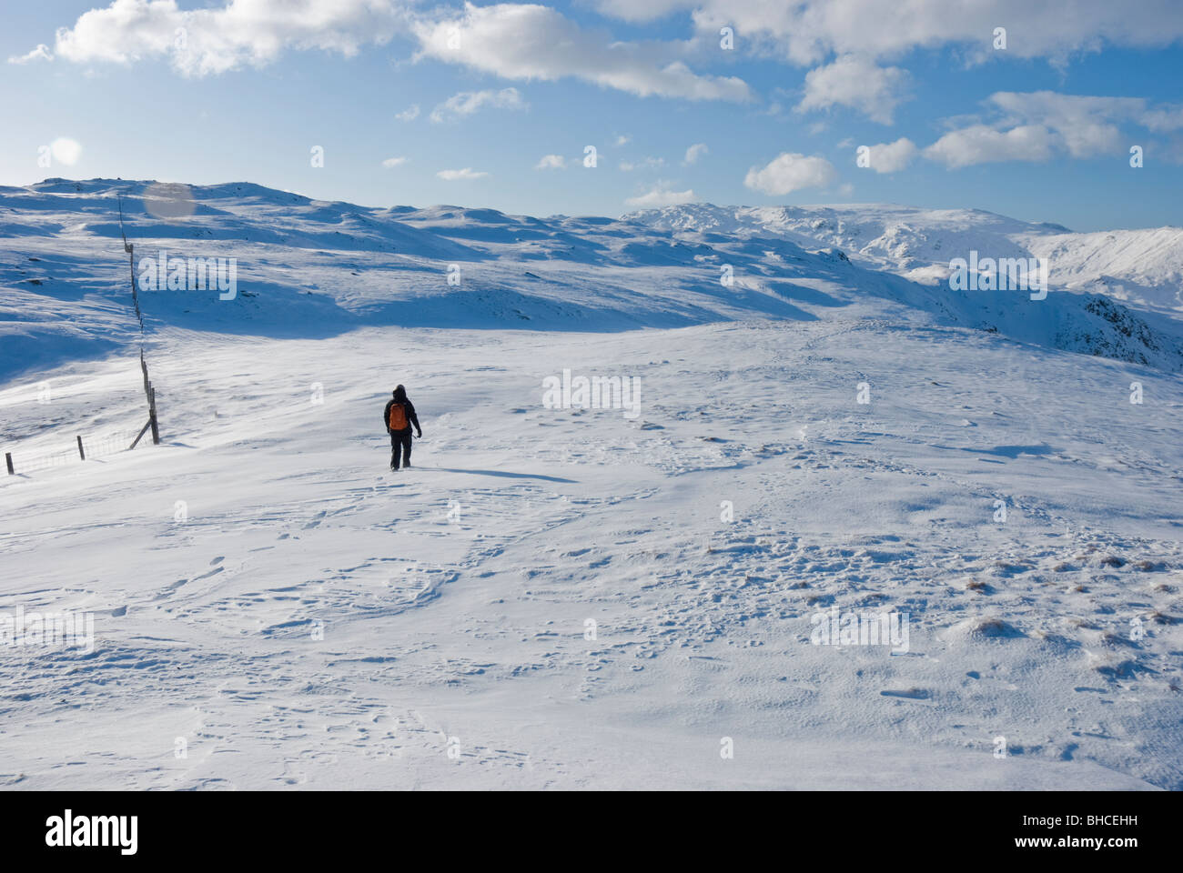 Lone woman walker heading for the snow covered summit of Steel Fell ...