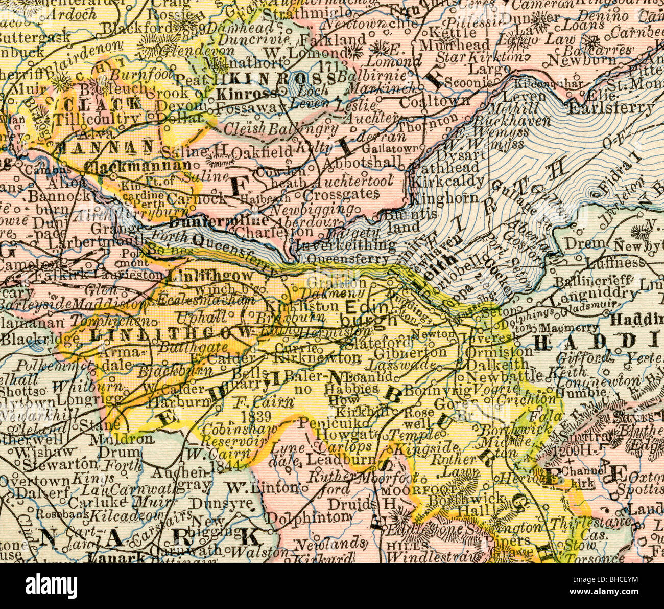 Original old map of Edinburgh County (Scotland) from 1884 geography ...