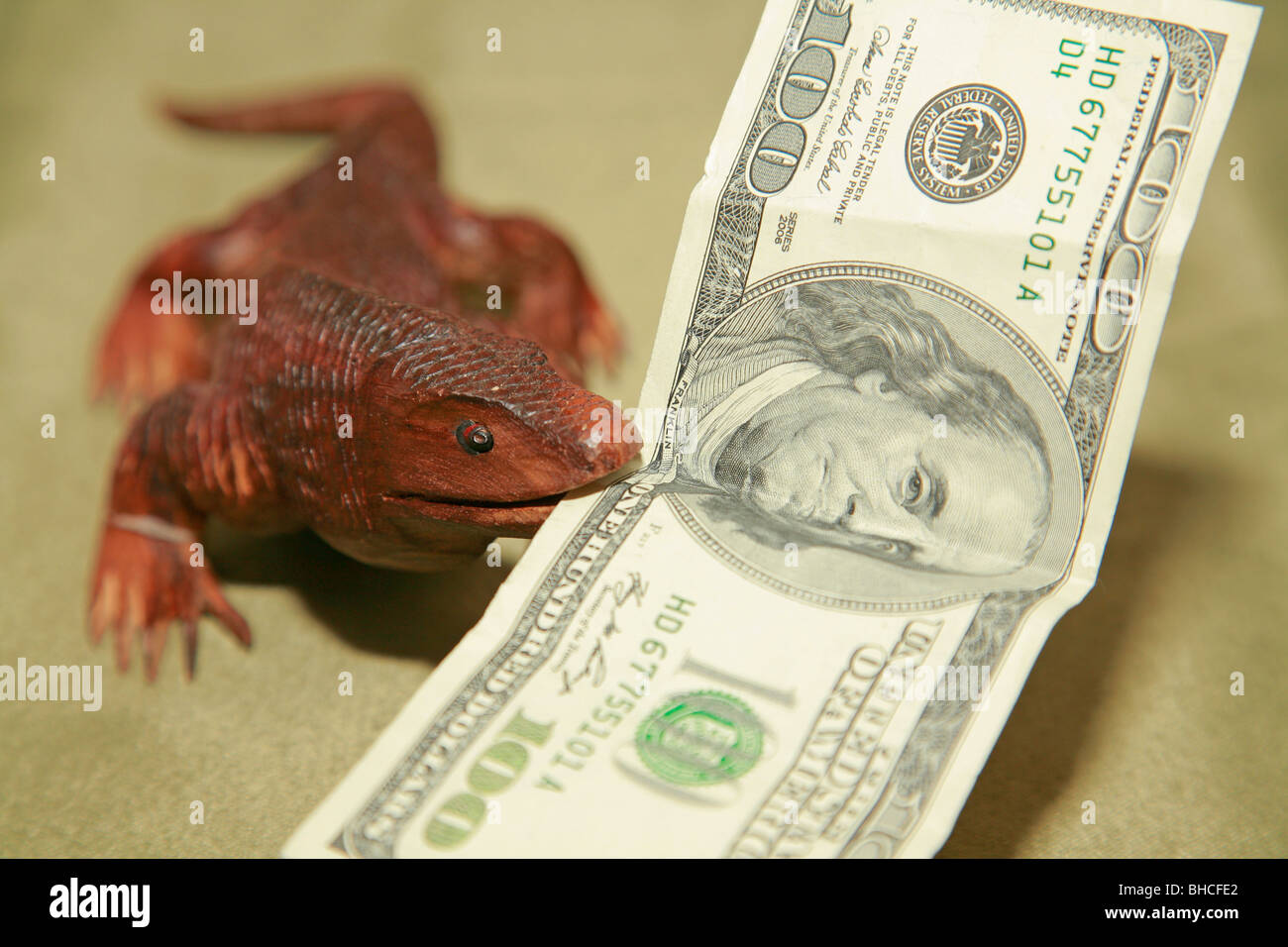 Wooden komodo dragon lizard souvenir carving biting US 100 dollar bill ...