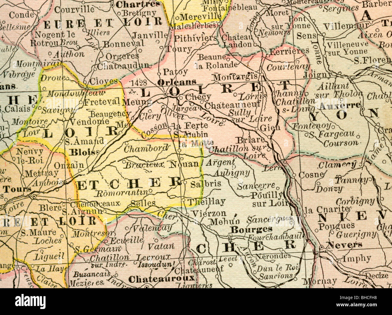 Original old map of Loire Valley from 1884 geography textbook Stock ...