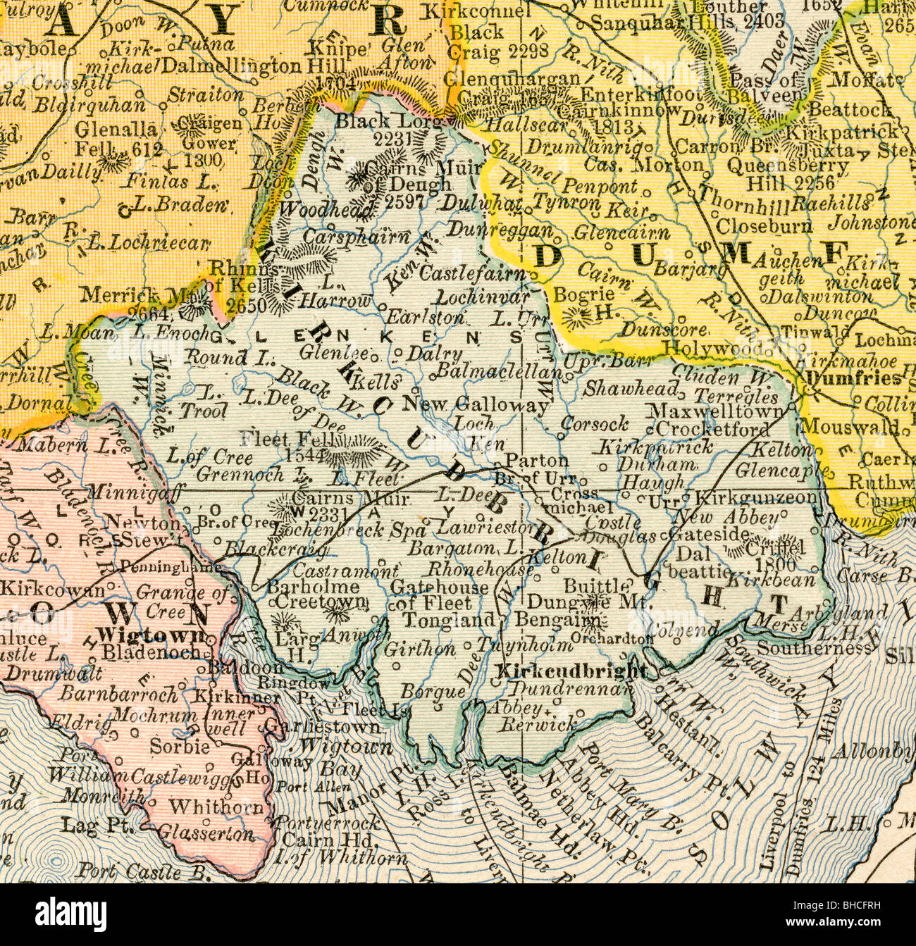 Original old map of Kirkcudbright county (Scotland) from 1884 geography ...