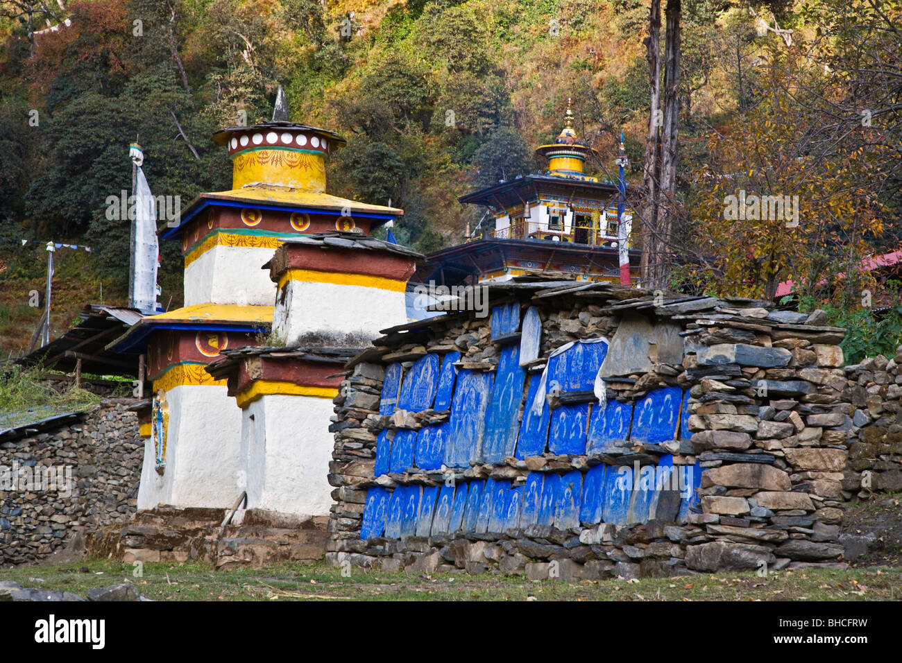 CHORTENS and a MANI WALL at a remote TIBETAN BUDDHIST MONASTERY - NEPAL ...
