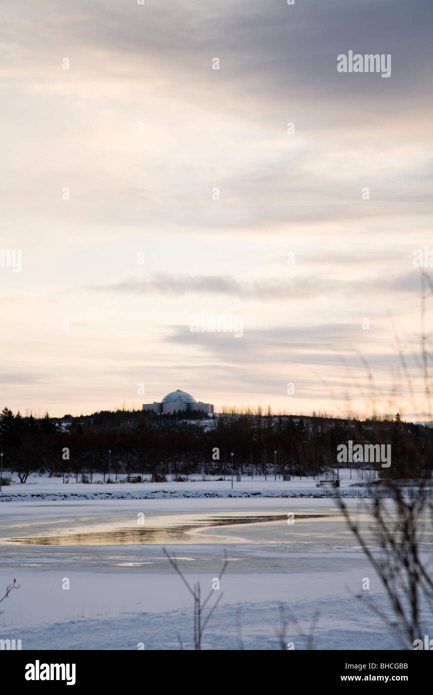 Perlan restaurant as seen from Tjornin lake. Downtown Reykjavik Iceland ...