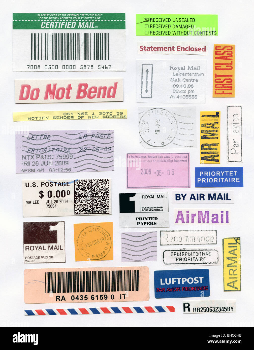 Collection of postage seals from worldwide mail Stock Photo - Alamy