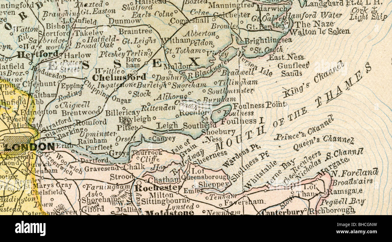 Original old map of Mouth of Thames from 1884 geography textbook Stock ...