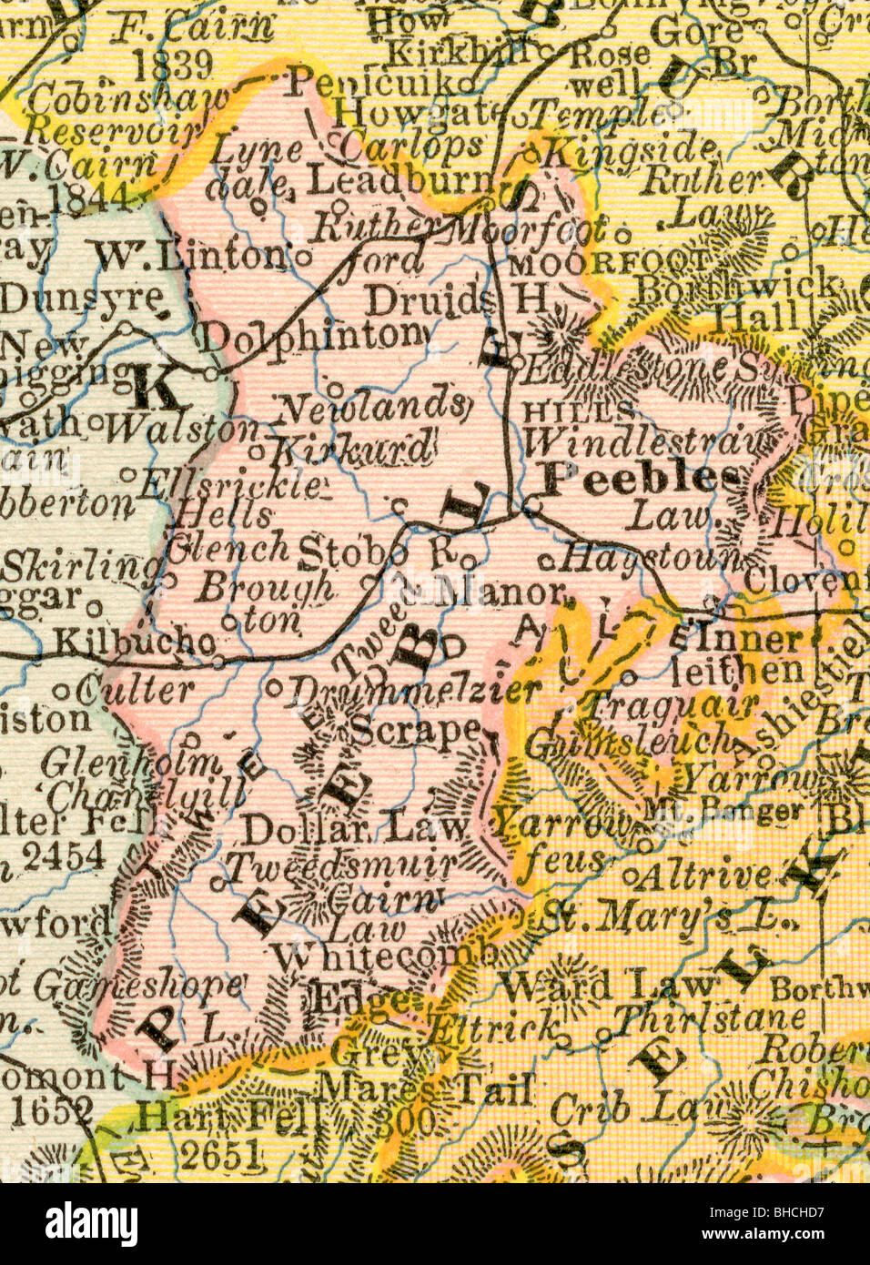 Original old map of Peebles County (Scotland) from 1884 geography ...