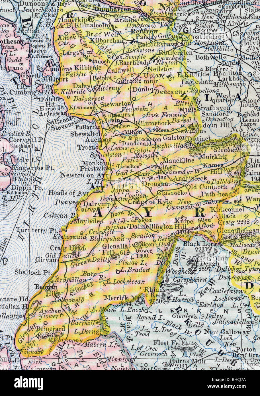 Original old map of Ayr County from 1884 geography textbook Stock Photo ...