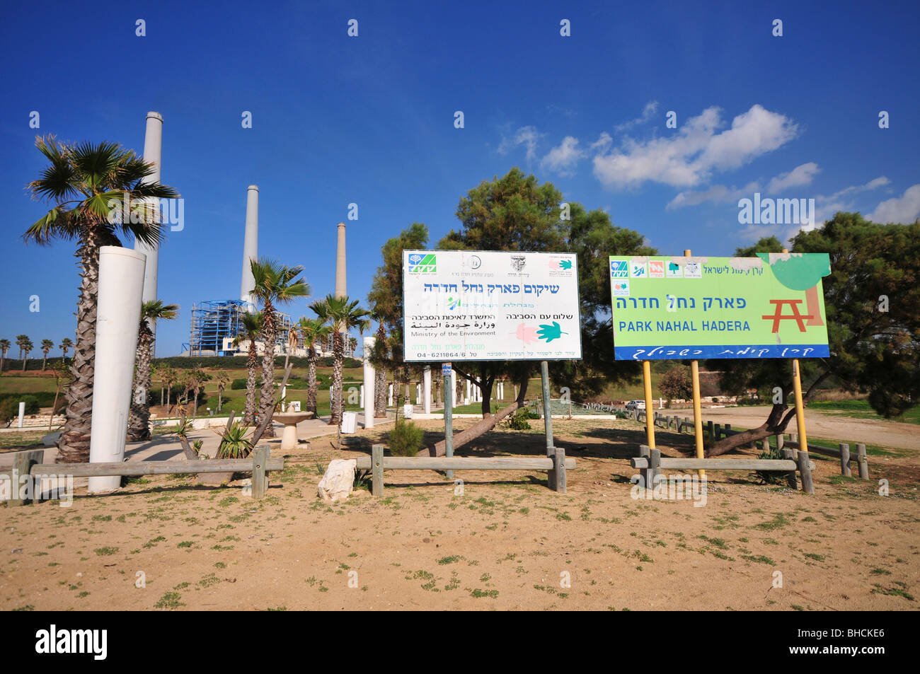 Israel, Hadera, The Hadera River and park the coal operated power plant ...