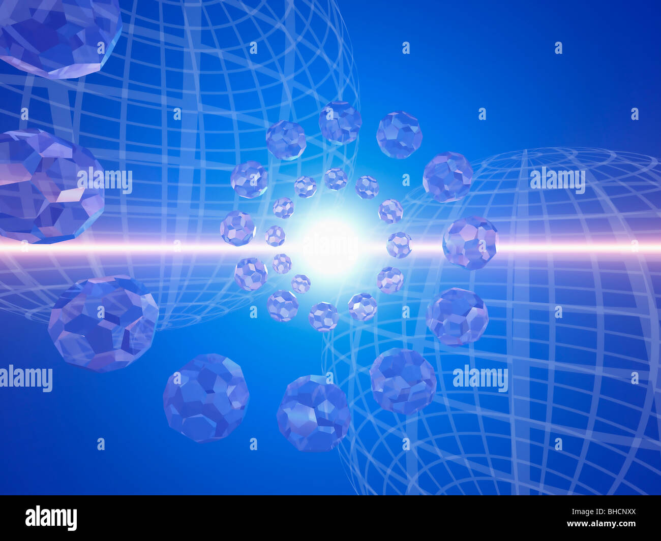 Light beam and abstract spiral of spheres blue background computer ...