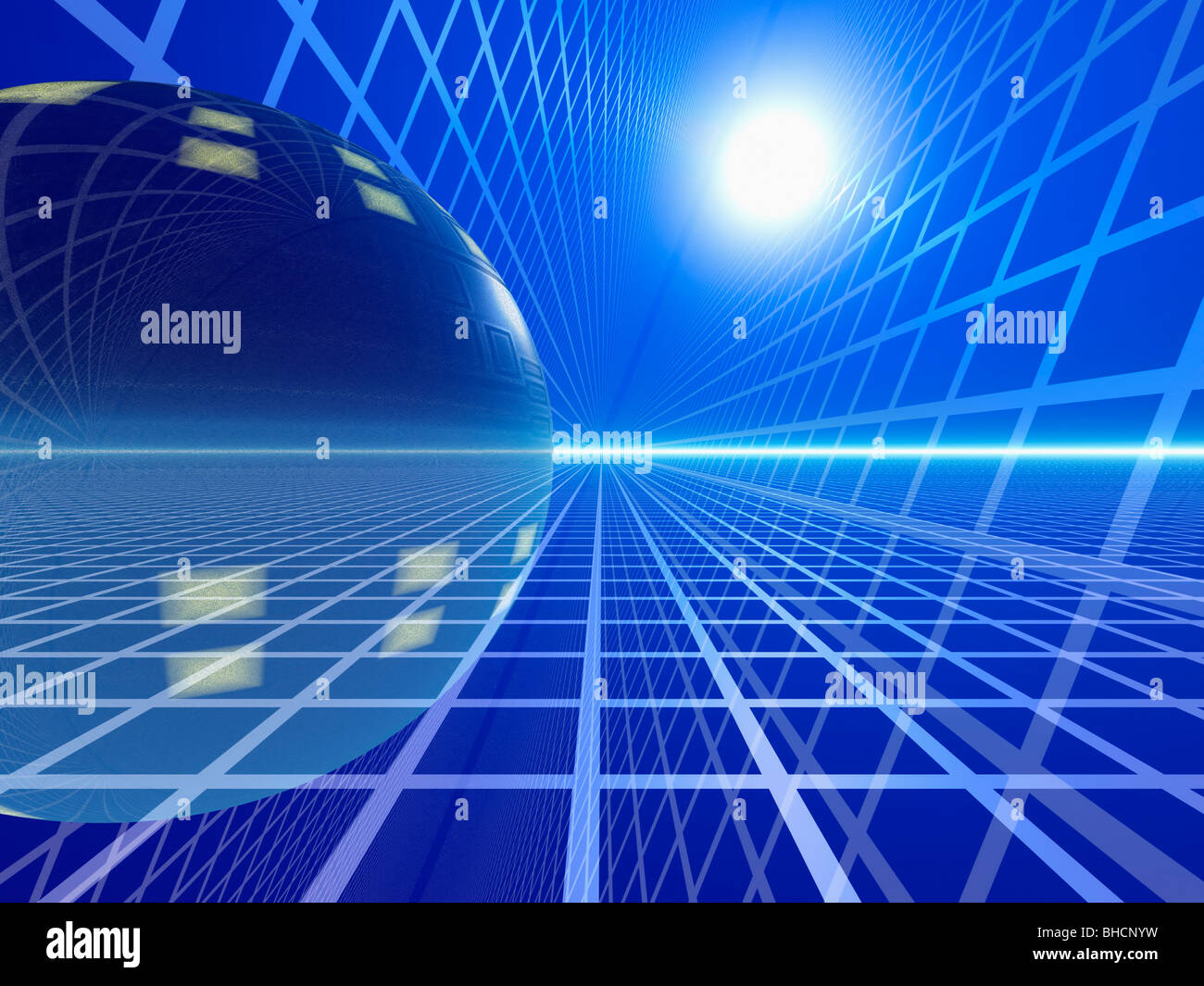 Light beam and transparent sphere on grid background computer graphic ...