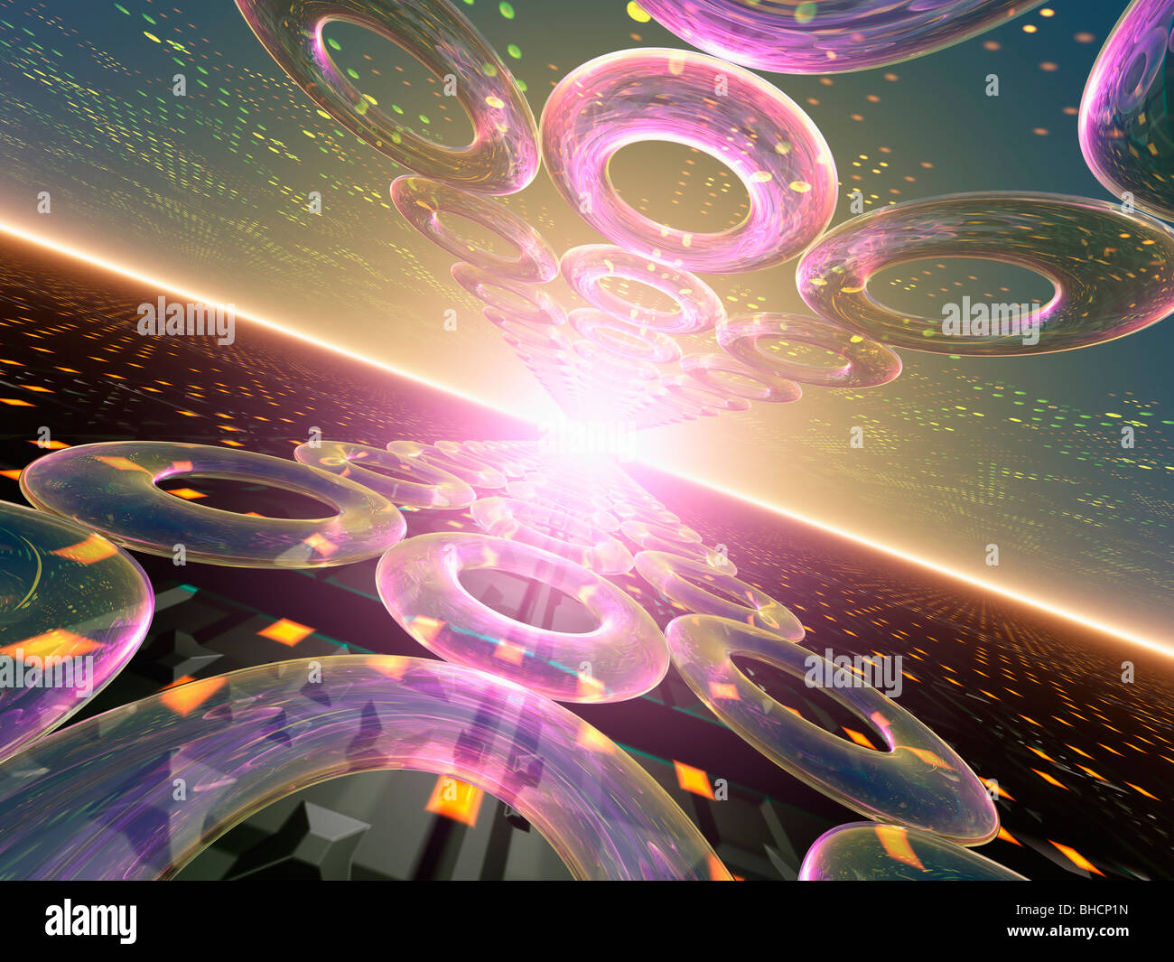 Light beam and rows of rings computer graphic Stock Photo - Alamy