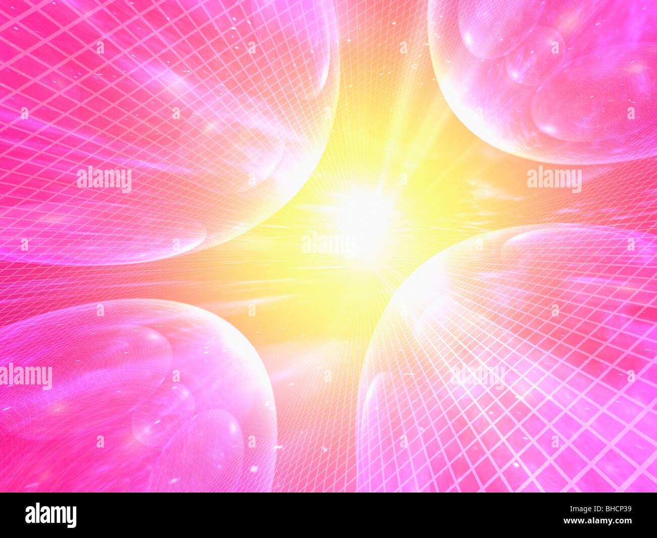 Light beams and spheres on grid background computer graphic Stock Photo ...
