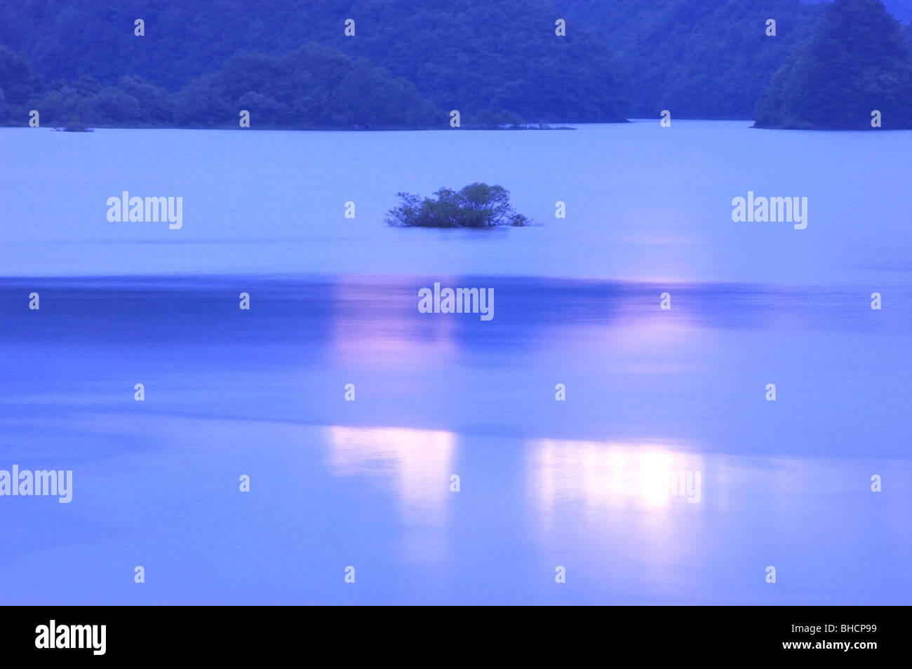 Lake Akimoto in dusk Kitashiobara village Fukushima prefecture Japan ...