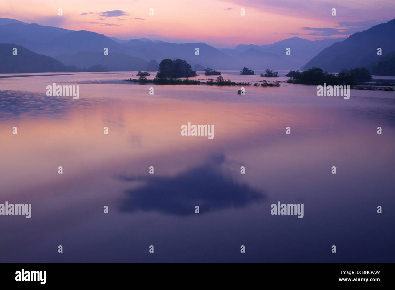Lake Akimoto in dusk Kitashiobara village Fukushima prefecture Japan ...