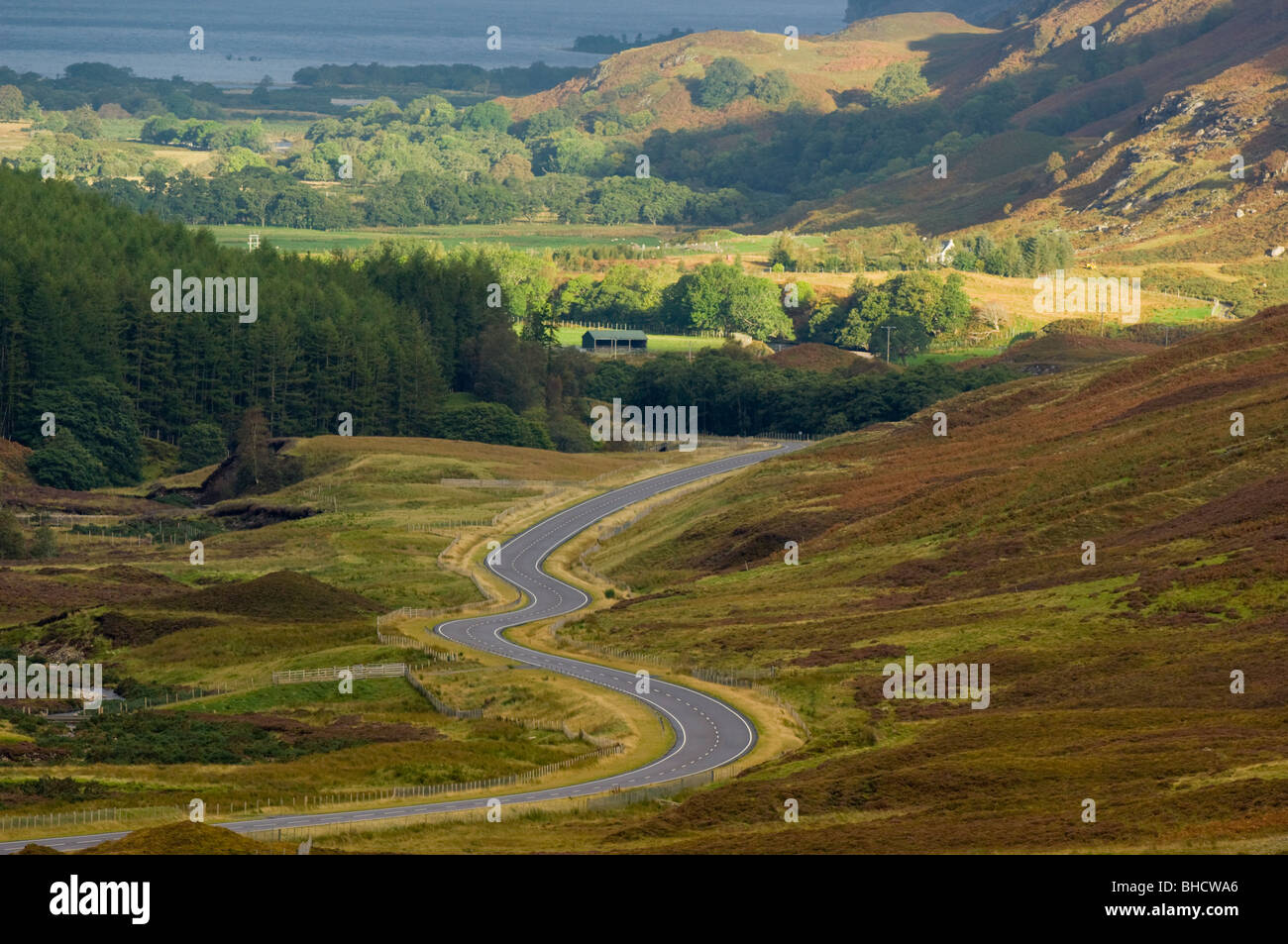The A832 road near Kinlochewe, looking northwest to Loch Maree ...