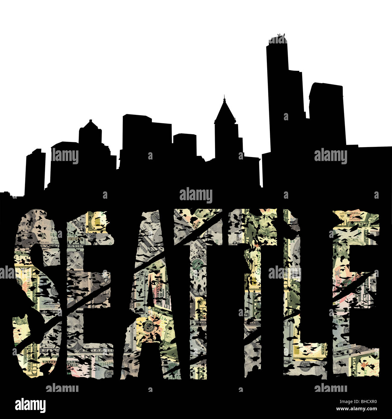 Seattle grunge dollar text with skyline illustration Stock Photo - Alamy