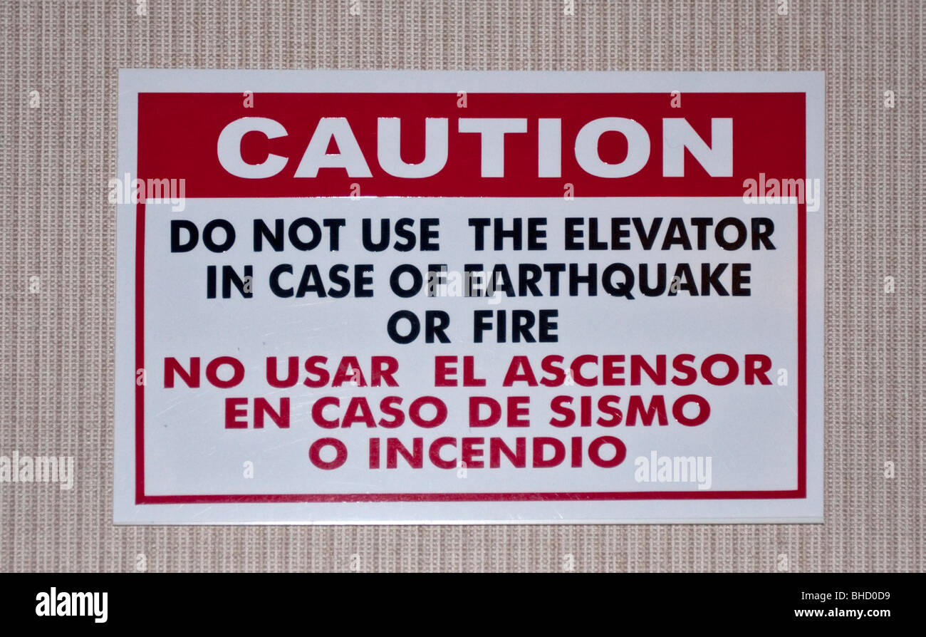 Earthquake Caution Sign by Elevators in Hotel, Lima, Peru Stock Photo ...