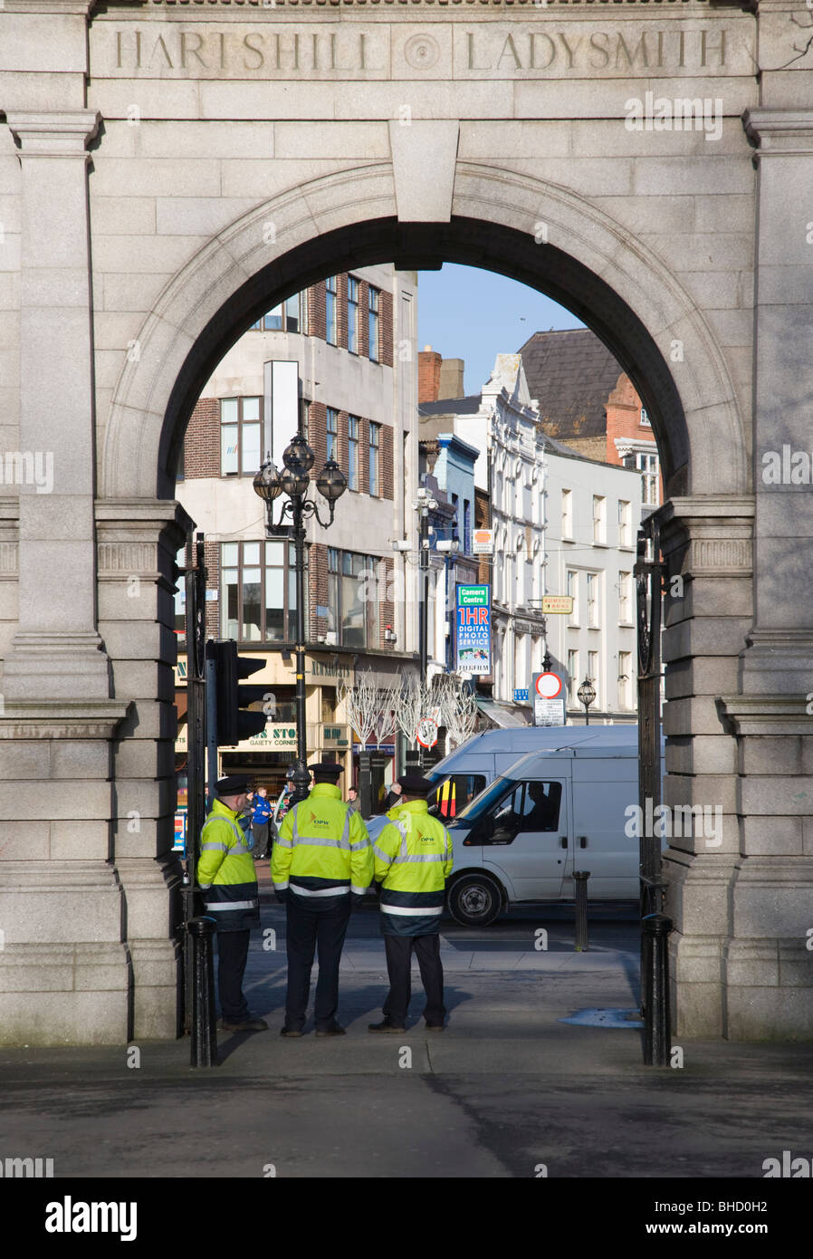 The Fusilier's Arch with OPW employees under it. Traitors Gate. St ...