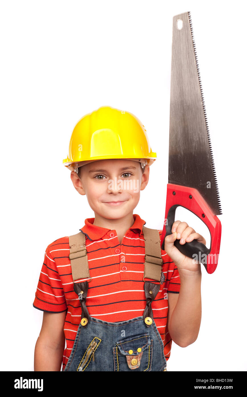 Portrait of a cute kid posing as a carpenter, with a handsaw Stock ...