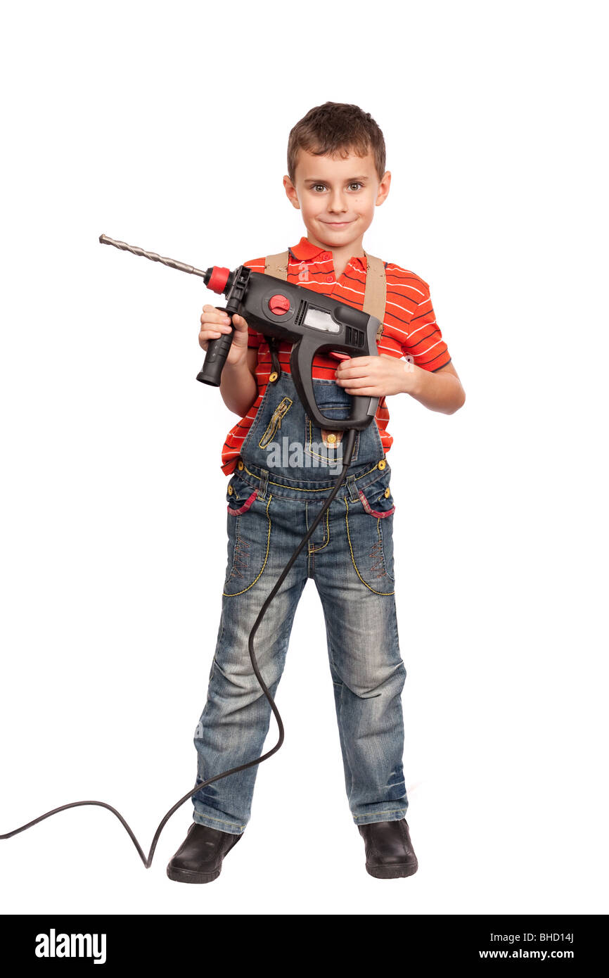 Cute kid as a construction worker with drilling machine Stock Photo - Alamy