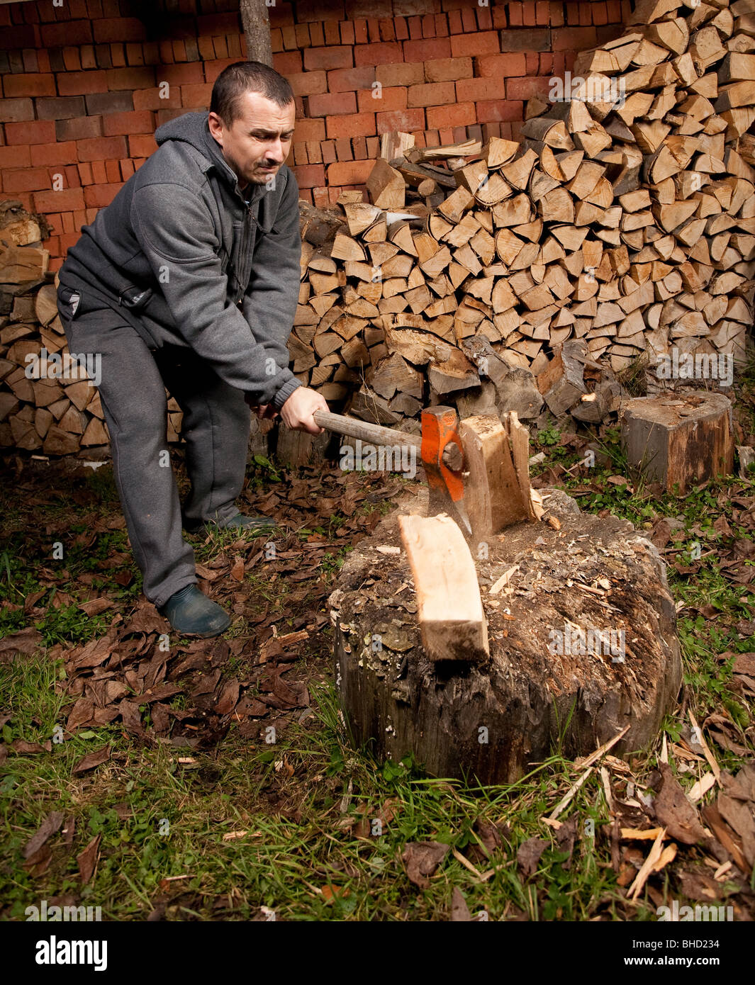 Young lumberjack splitting wood with an axe Stock Photo - Alamy