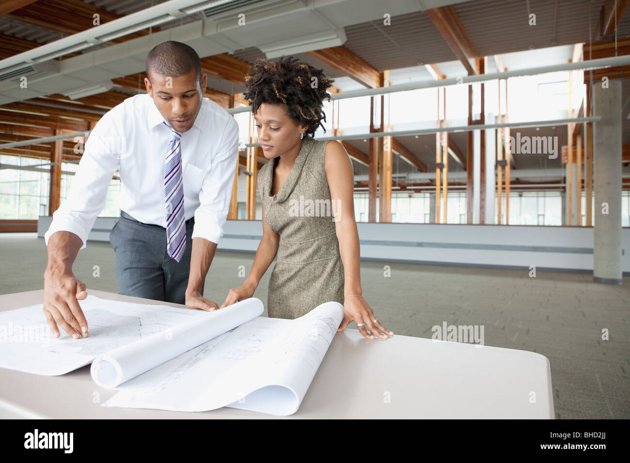Business people looking at blueprints Stock Photo - Alamy