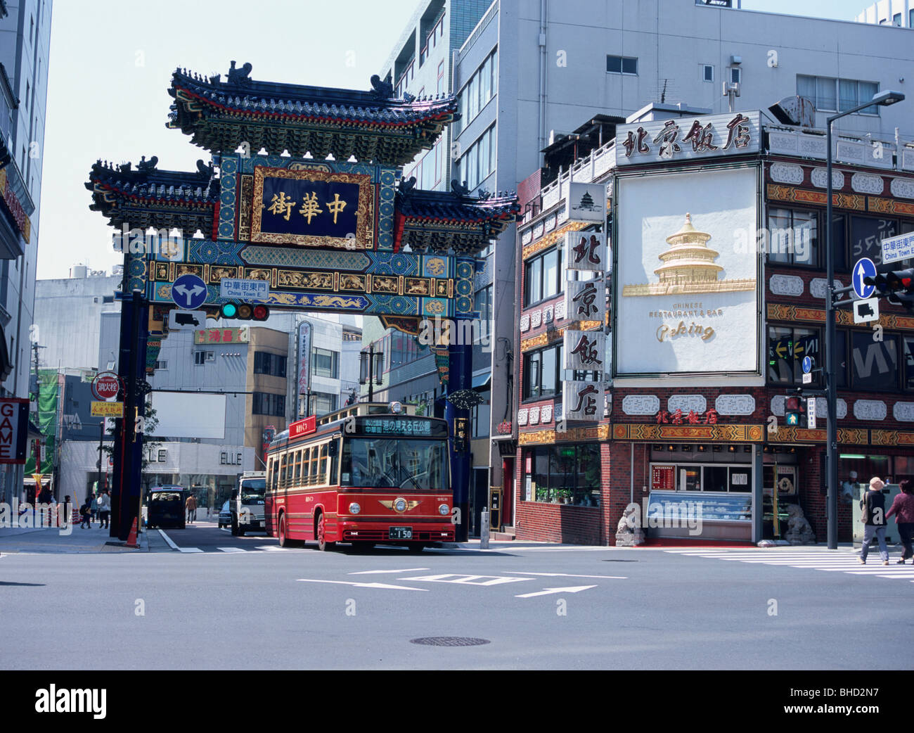 Tour bus going through Chinatown. Yokohama, Kanagawa Prefecture, Japan ...