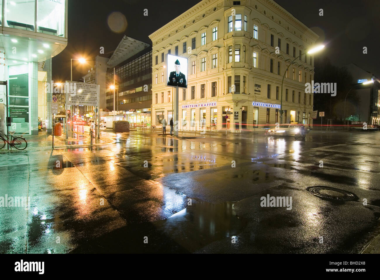 Checkpoint Charlie on Friedrichstrasse by night, Berlin. Germany Stock ...