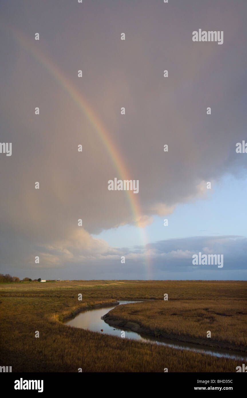 Rainbow over saltmarsh habitat at Point of Ayr (Air) nature reserve ...