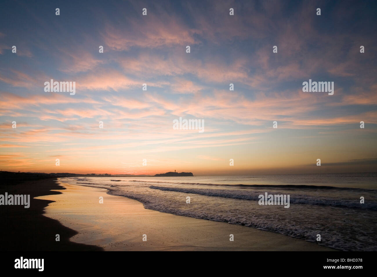 Sunrise over beach, Enoshima Island, Tsujido, Kanagawa Prefecture ...