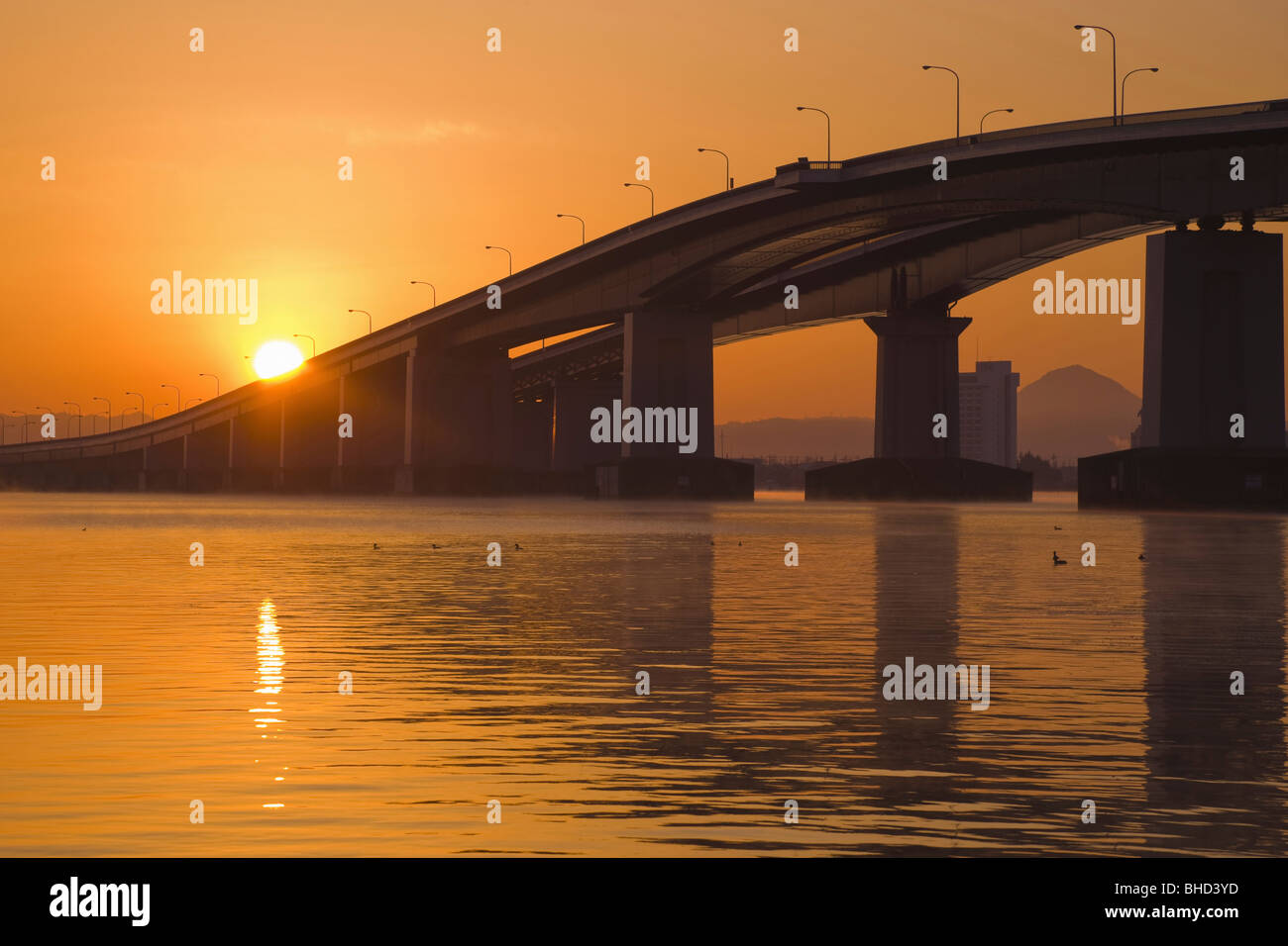Bridge over Lake Biwa at sunset, Otsu, Shiga Prefecture, Japan Stock ...