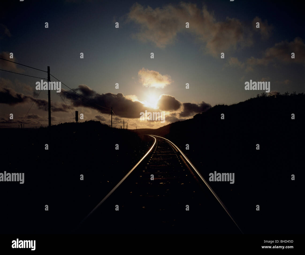 Setting sun shining on railroad tracks, Kitahama, Hokkaido, Japan Stock ...