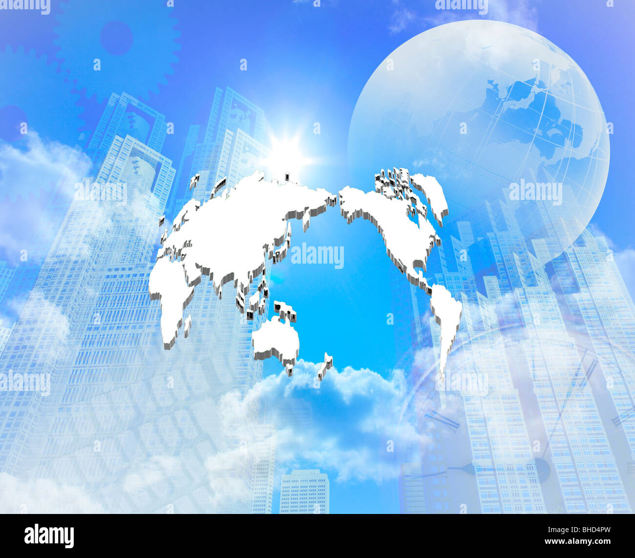 Globe, world map, cogs and clock over skyscrapers Stock Photo - Alamy