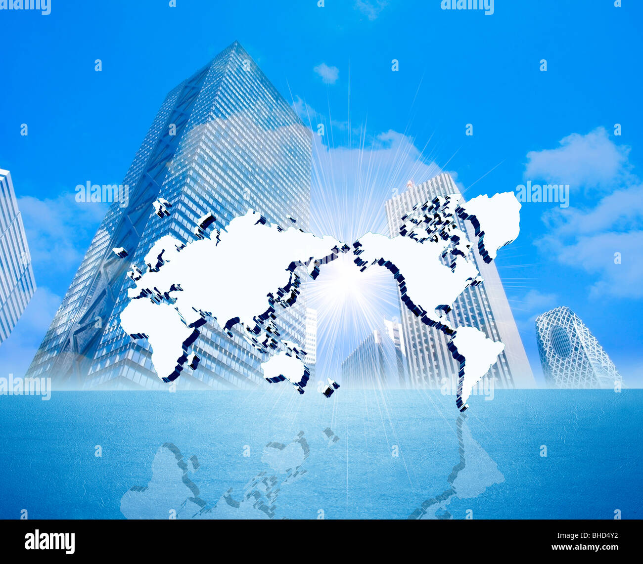 World map over skyscrapers Stock Photo - Alamy