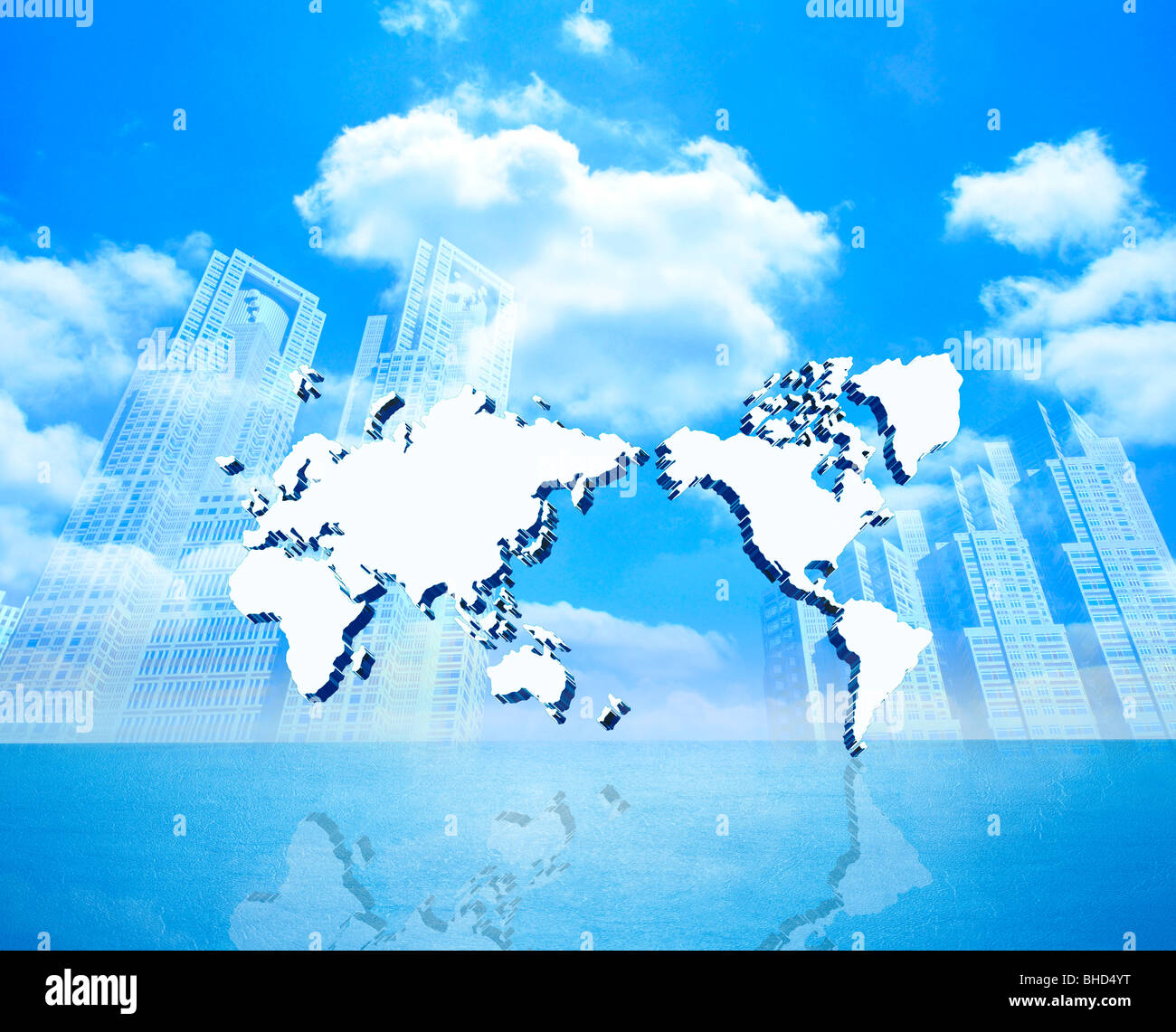 World map over skyscrapers Stock Photo - Alamy