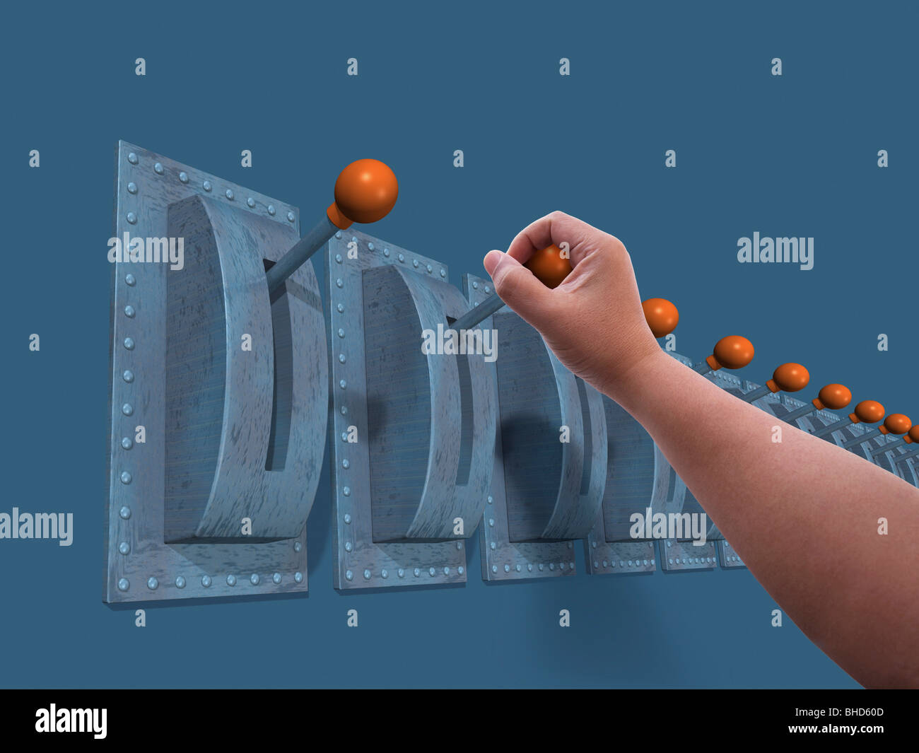 Man's hand pulling lever Stock Photo - Alamy