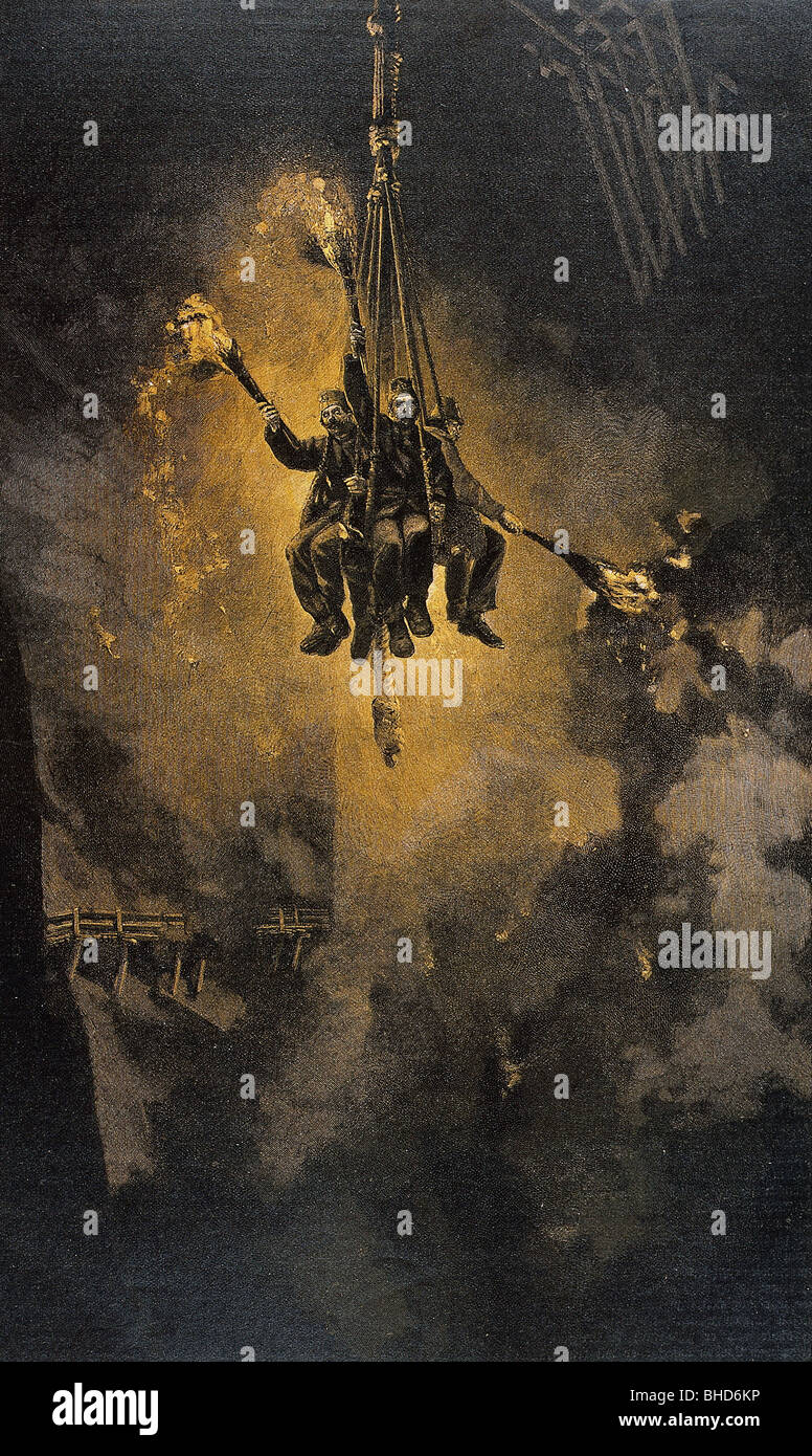 mining, miners entering a salt mine, after a drawing by P. Stachiewitz ...