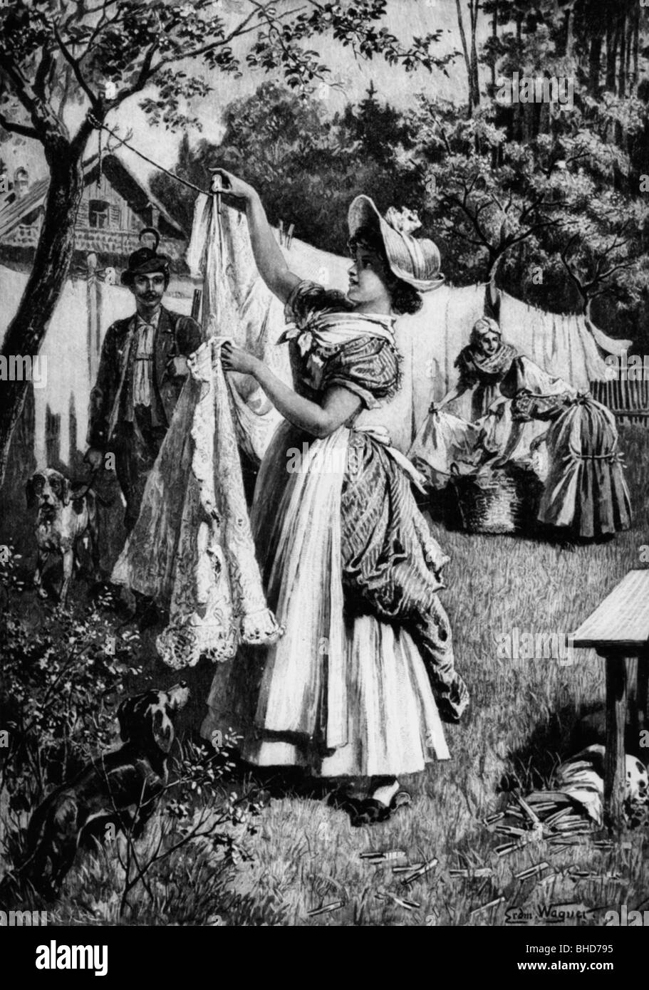 household, laundry laundering, woman hanging up the laundry, wood ...