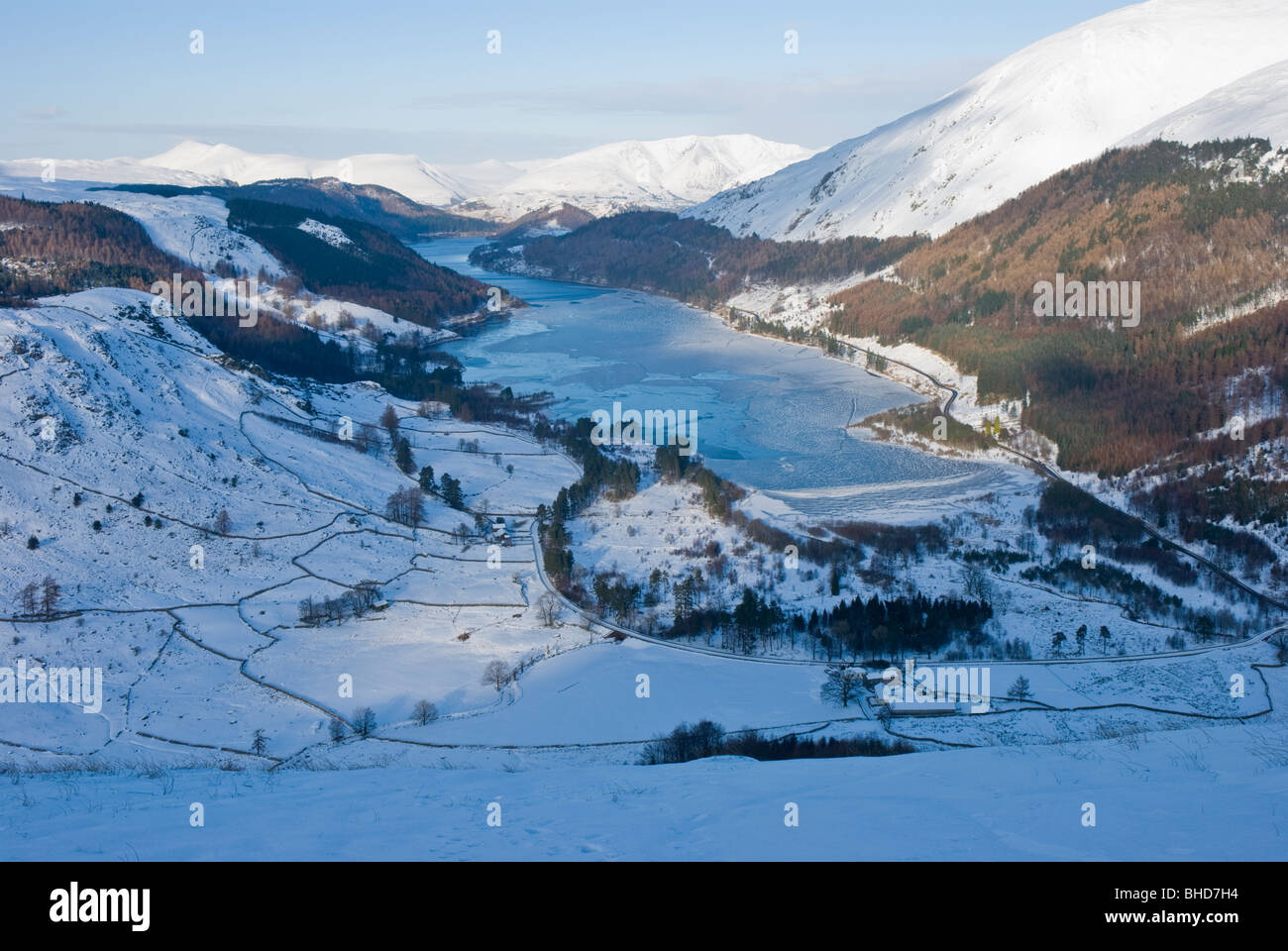 Partially frozen Thirlmere reservoir from Steel Fell, Lake District ...