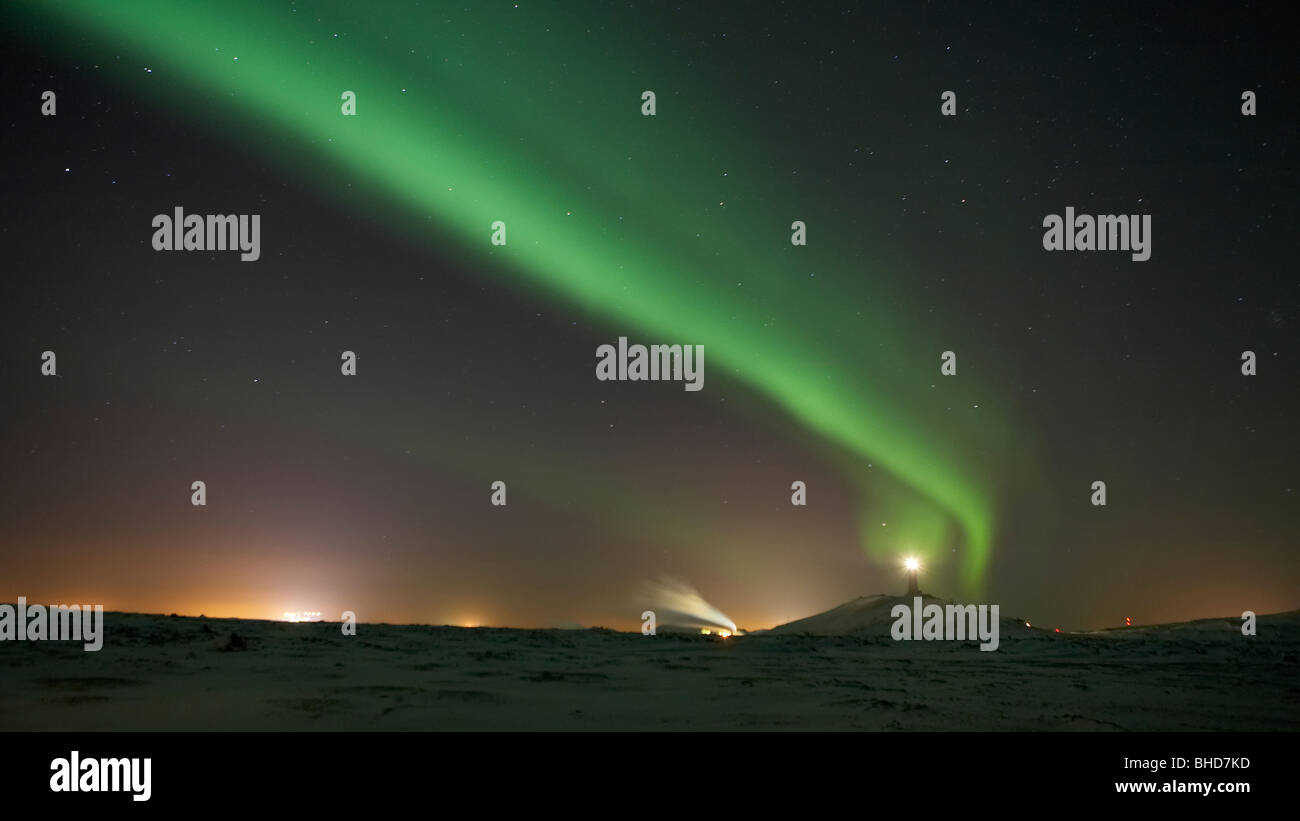 Aurora Borealis aka Northern Lights with Lighthouse, Iceland Stock ...
