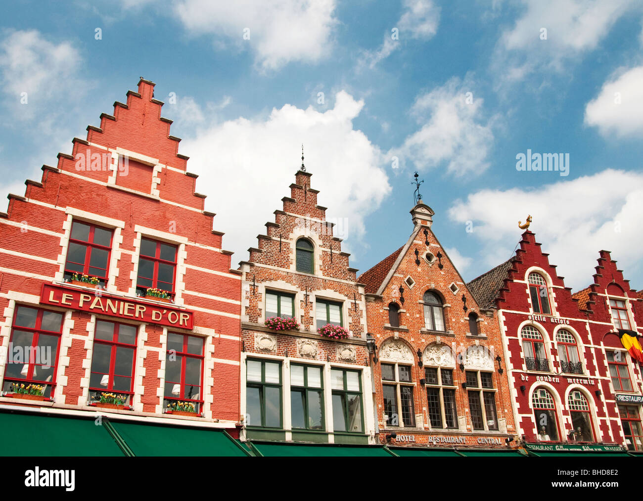 Traditional buildings on the Big Market Square, or Grote Markt, Bruges ...