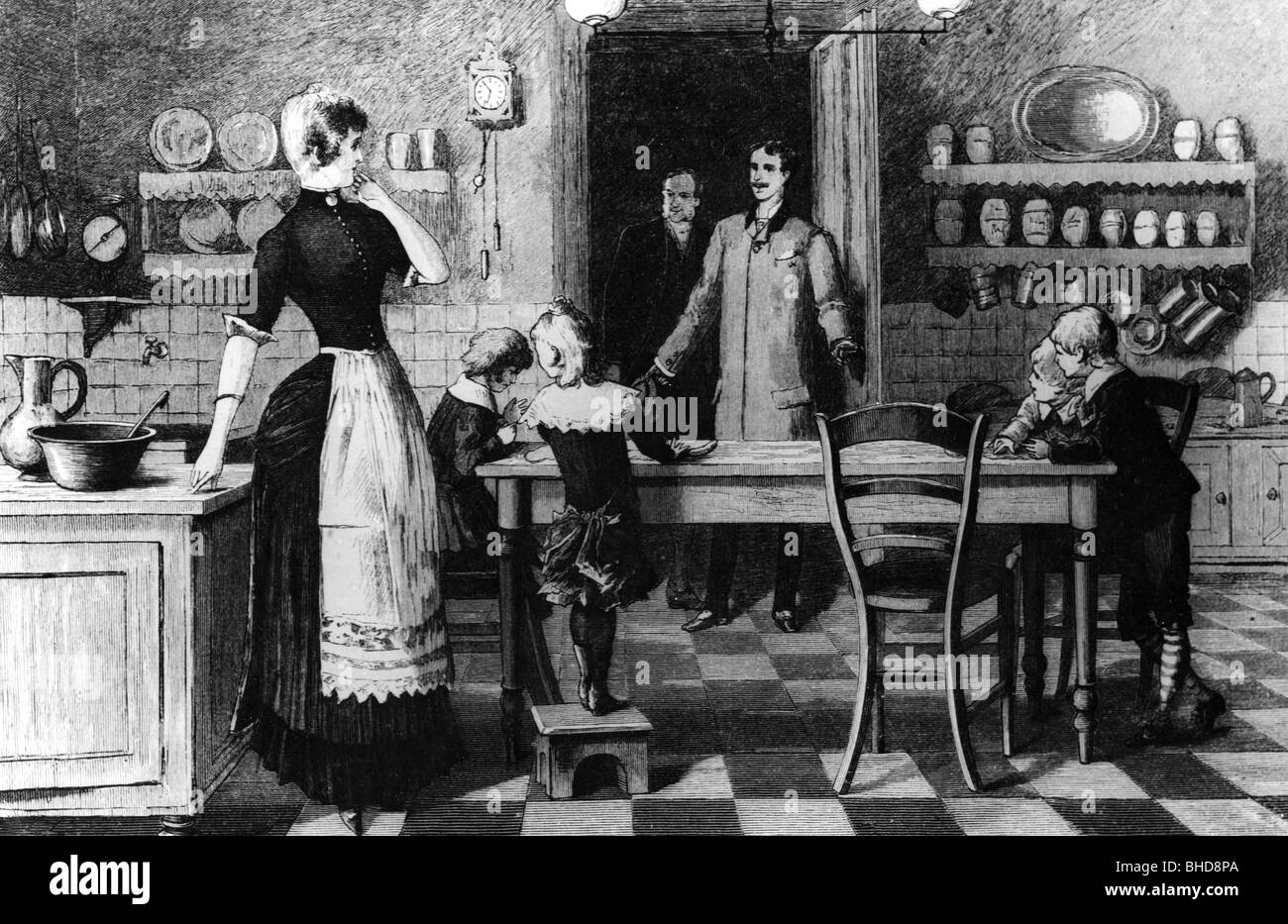 household, kitchen and kitchenware, family in kitchen, wood engraving ...